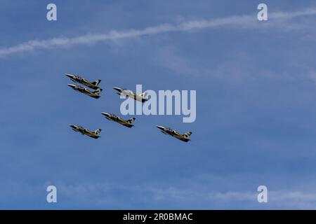 Breitling jet team formation at Aerolac with smoke trail Stock Photo ...