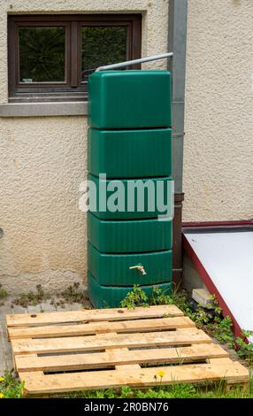 green rainwater tank or water butt connected to a rain collector at the ...
