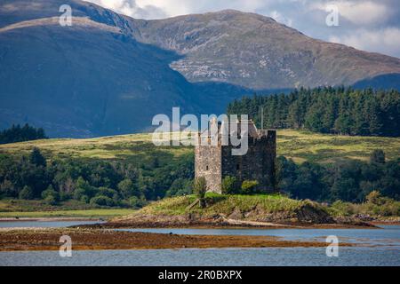 View towards Castle Stalker and the Morvern Hills, Appin, Argyll Stock ...