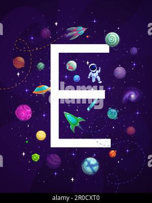 Cartoon space alphabet on starry galaxy landscape vector background ...