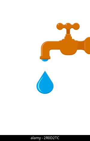 Water tap with falling drop isolated on white background. Save water ...