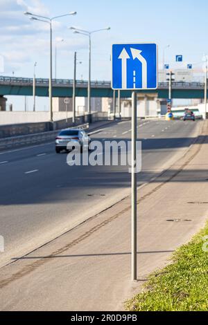 Road sign lane narrowing Stock Photo - Alamy