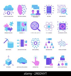 Artificial neural net icon set in line style. Computer deep learning, ai symbols. Vector ...