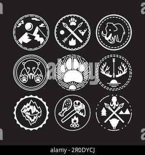 Nature and historical badges set with tiger, mountain, sun, mammoth and ...