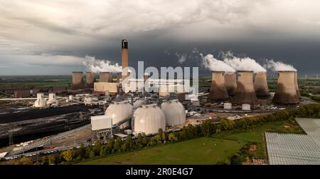 Aerial landscape view of Drax Coal Fired Power Station in North Yorkshire with smoking chimneys ...