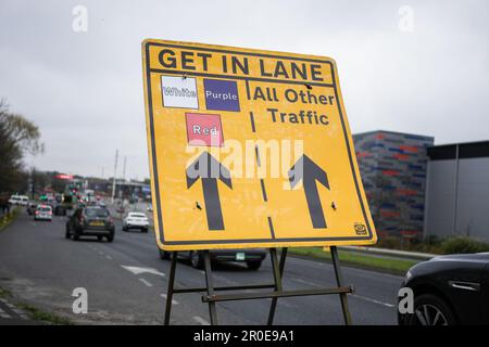 Road signs on display for the Aintree Grand National Traffic 2023 Stock ...