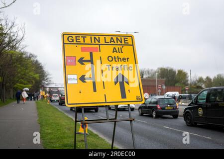 Road signs on display for the Aintree Grand National Traffic 2023 Stock ...