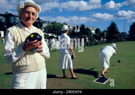 Old women bowling, Bowling Club, Torquay, Devon, England, Great Britain ...