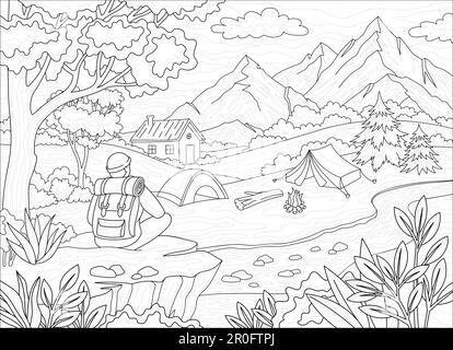 Camping Tent and Bonfire Coloring Page for Kids Stock Vector Image ...
