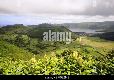 Caldeira with lakes, Western part of the island, Sao Miguel, Azores ...