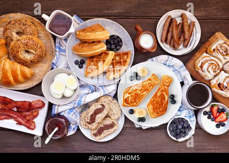 Fathers Day breakfast table scene. Overhead view on a white wood ...