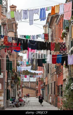 typical, washing line strung outside across canal, Castello, Venice ...