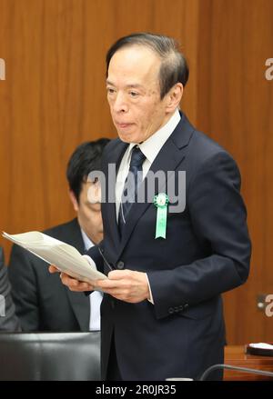 Governor of the Bank of Japan Kazuo Ueda speaks during the presidency ...