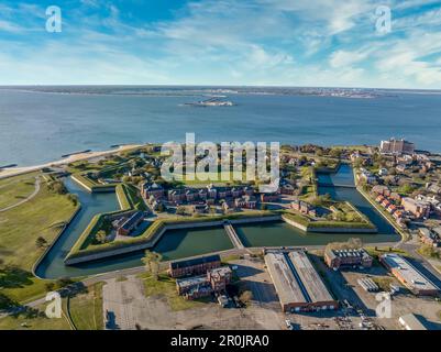 Aerial view of Fort Monroe star shaped military fort protecting Norfolk ...