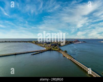 Aerial view of Fort Monroe star shaped military fort protecting Norfolk ...