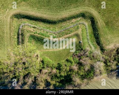 Aerial view of Yorktown revolutionary war battlefield with earthwork ...