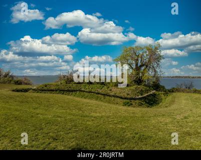 Aerial view of Yorktown revolutionary war battlefield with earthwork ...