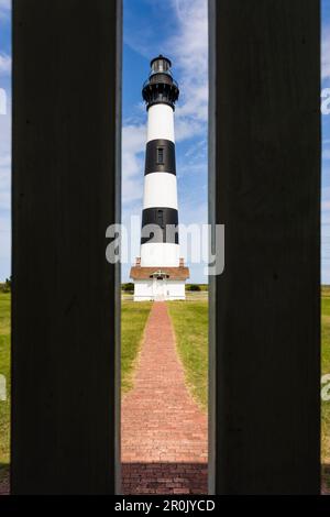 Black white striped lighthouse on the offshore island chain Outerbanks ...