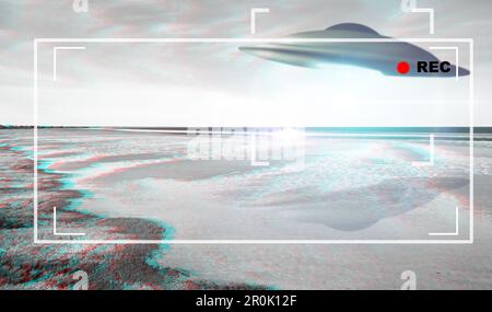UFO, alien and camcorder on a camera display to record a flying saucer ...