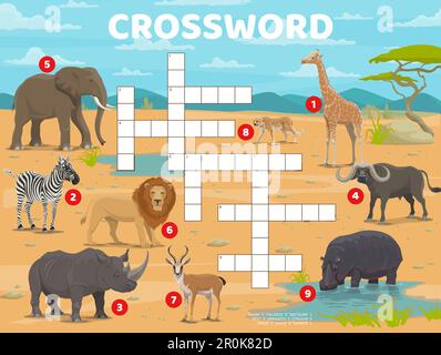 Crossword quiz game African savannah safari animals, vector worksheet ...