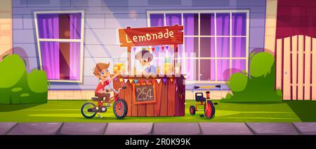 Lemonade sale stand with kid and bicycle cartoon vector illustration ...