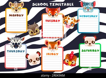 Education timetable with square animal faces, cartoon zoo characters on ...