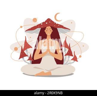 Meditating mystical boho woman, witch linear sticker set, female uterus ...