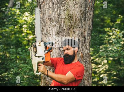 Woodworkers lumberjack. Lumberjack on serious face carries chainsaw ...