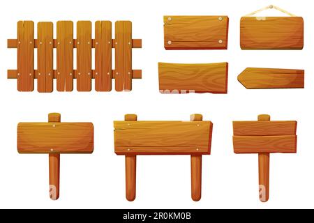 Set of wooden tablets, hanging textured panels rope, signboards with ...