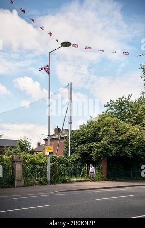 street light with attached UK flags, Belfast, Northern Ireland, United ...