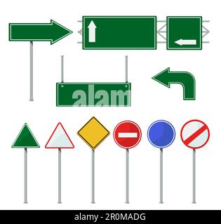 A collection of green directional road signs featuring arrows, symbols ...