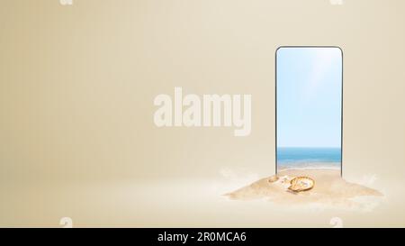 Mobile phone screen with shells on the sandy beach with blue sky ...