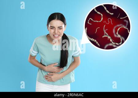 Parasites under microscope and woman suffering from helminthiasis Stock ...