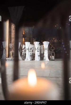 Beautiful burning candles on table Stock Photo - Alamy