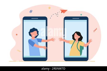 Happy kids talking from giant smartphone screens Stock Vector Image ...