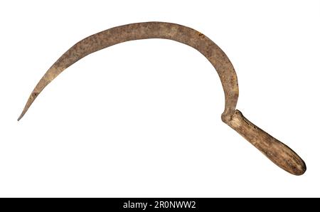 ancient rusty forged iron sickle with wooden handle isolated on white ...