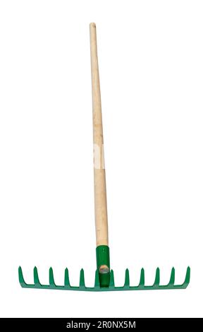 steel rake with tines pointing up with wooden handle isolated on white ...
