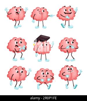 Cartoon brain emoji, emotion brainy vector set. Brainstorming set ...