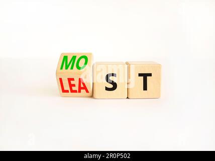 Most or least symbol. Businessman turns wooden cubes and changes the ...
