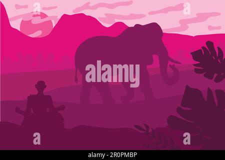 Indian tropical landscape with elephant and monk. Vector Stock Vector ...