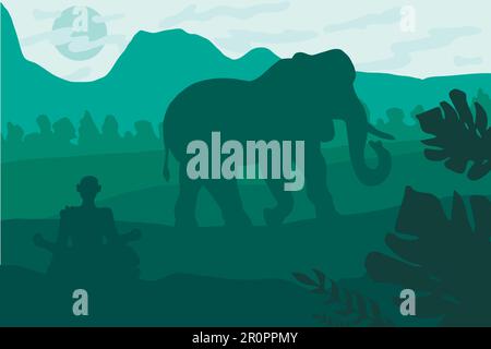 Indian tropical landscape with elephant and monk. Vector Stock Vector ...