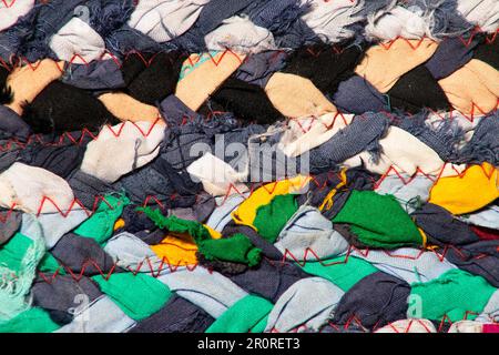close up handmade recycled fabric rug, colorful rows, rag rug, woven ...