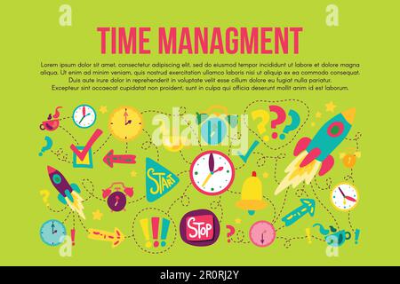 Time management stickers set set. Cartoon illustrations. Dash line ...