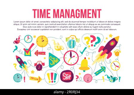 Time management stickers set set. Cartoon illustrations. Dash line ...