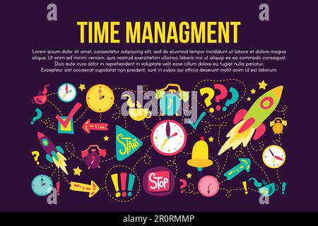 Time management stickers set set. Cartoon illustrations. Dash line ...