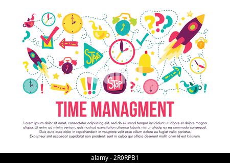 Time management stickers set set. Cartoon illustrations. Dash line ...