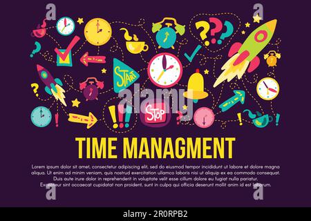 Time management stickers set set. Cartoon illustrations. Dash line ...