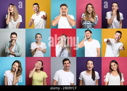 Collage with photos of people laughing on different color backgrounds ...