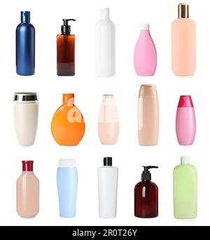 Set with different bottles of shampoo on white background Stock Photo ...