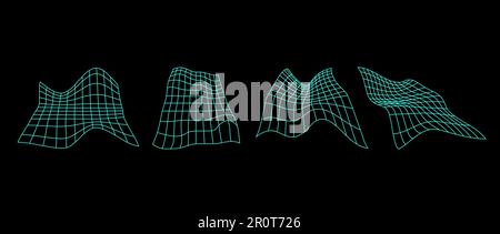 Distorted perspective grid pack. Glitch rectangle plane set. Wavy futuristic elements bundle ...